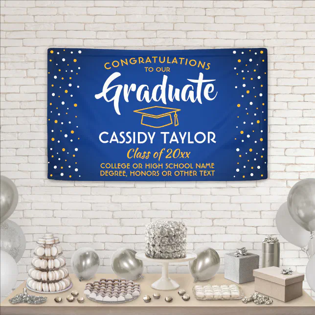 Graduation Confetti Modern Royal Blue Gold Yellow Banner | Zazzle