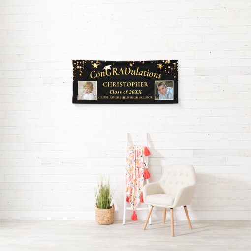 Graduation ConGRADulations Photo Black Gold Stars Banner | Zazzle
