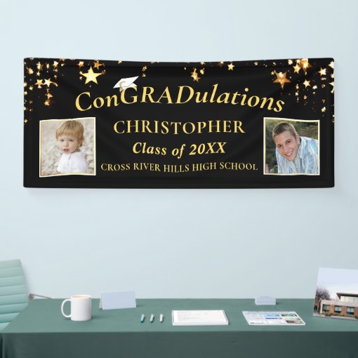 Graduation ConGRADulations Photo Black Gold Stars Banner | Zazzle