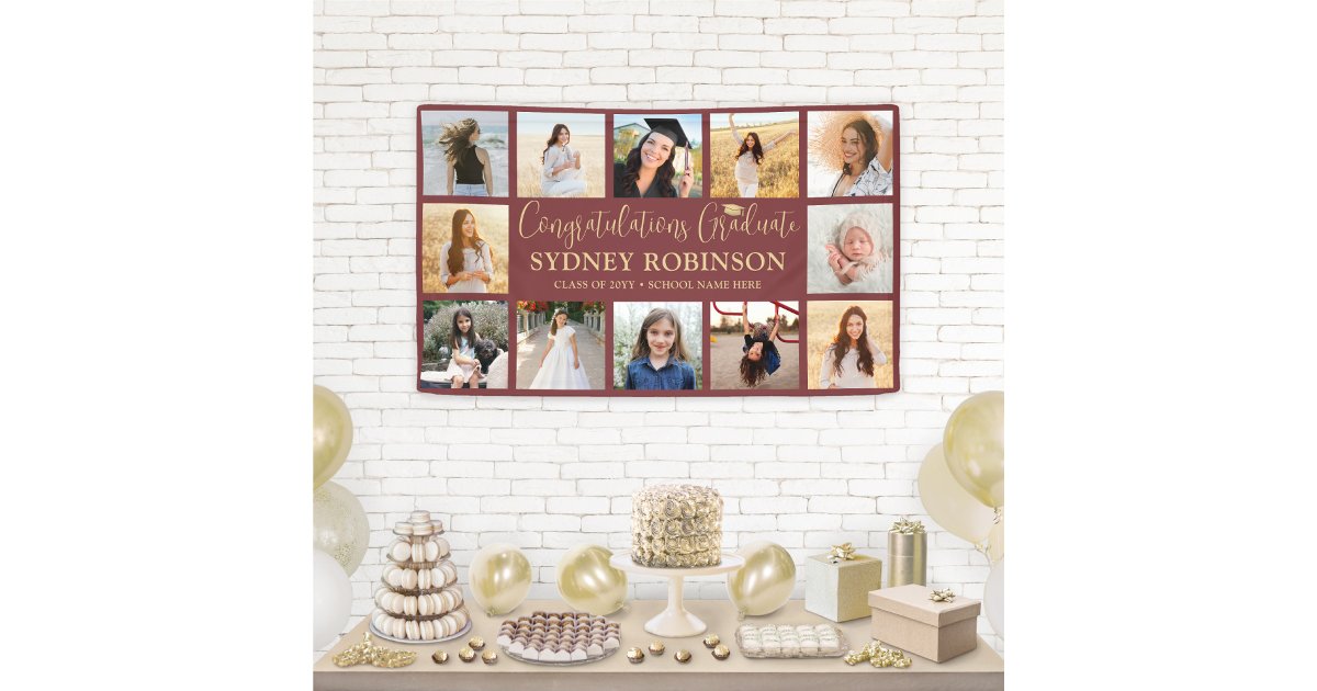 Graduation Congrats 12 Photo Collage Burgundy Gold Banner | Zazzle