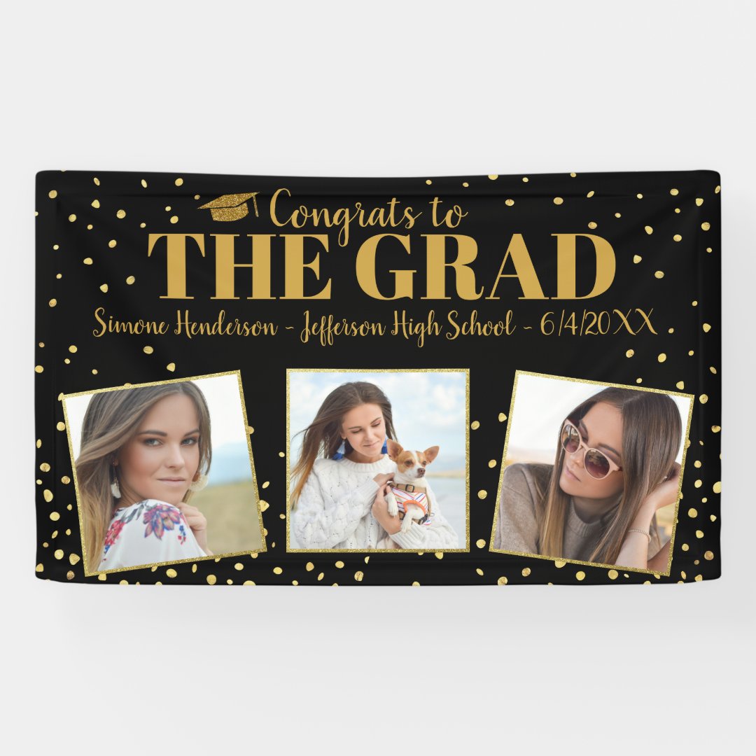 Graduation Congrats 3 Photos Gold Glitter Confetti Banner | Zazzle