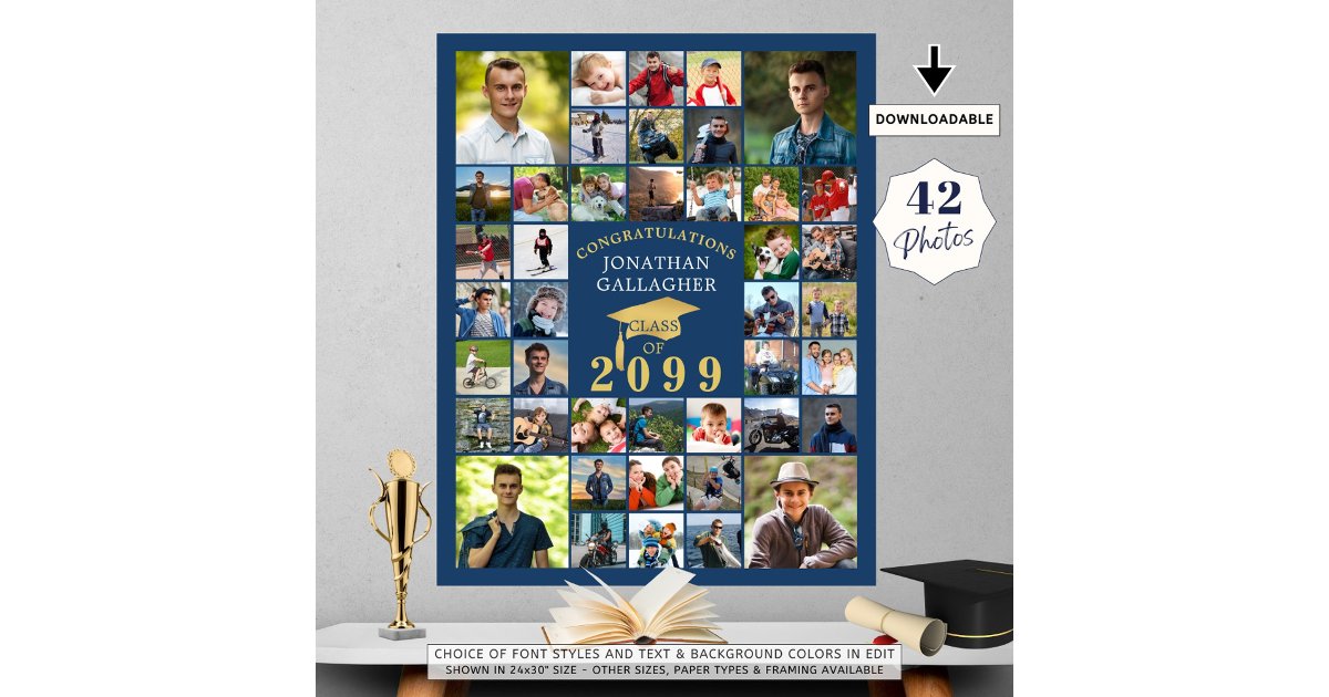 Graduation Congrats 42 Photo Collage Blue Gold Poster | Zazzle