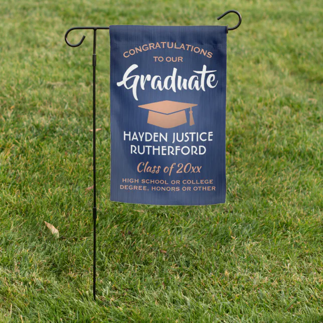 Graduation Congrats Brushed Navy Blue White Copper Garden Flag | Zazzle