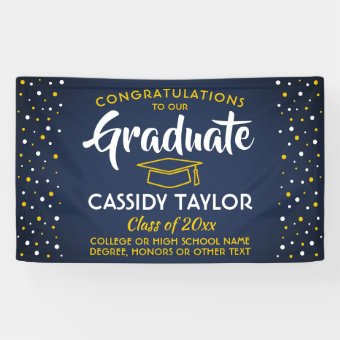 Graduation Congrats Confetti Navy Blue Gold Yellow Banner | Zazzle