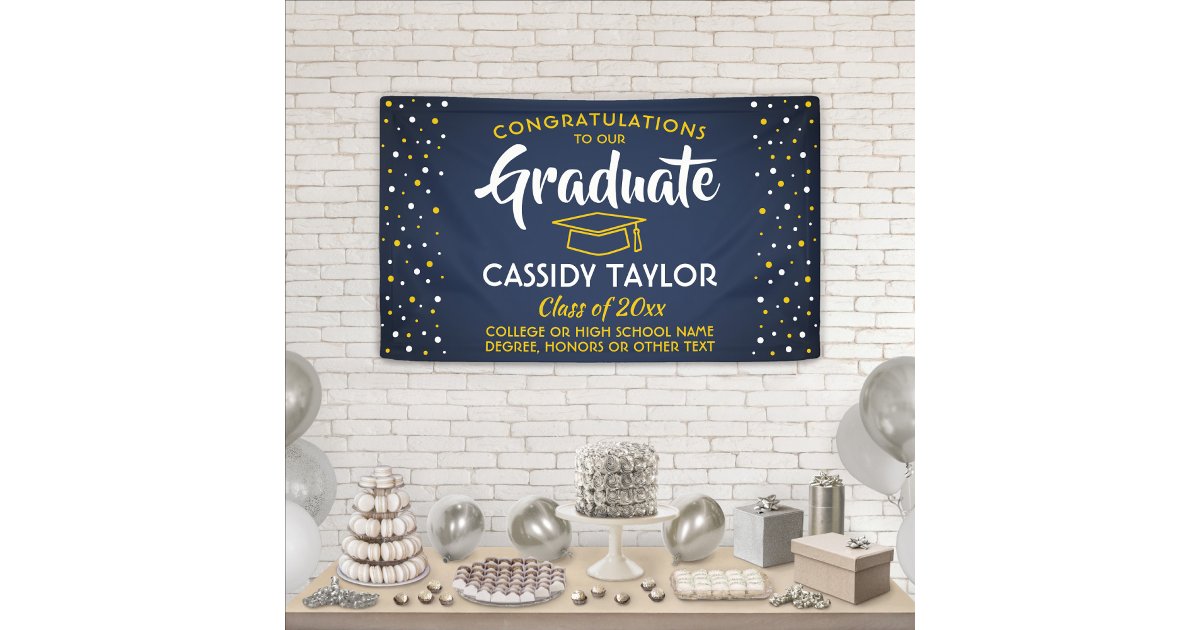 Graduation Congrats Confetti Navy Blue Gold Yellow Banner | Zazzle