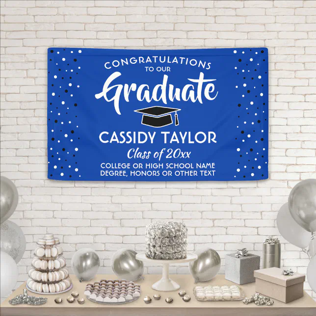 Graduation Congrats Confetti Royal Blue and White Banner | Zazzle