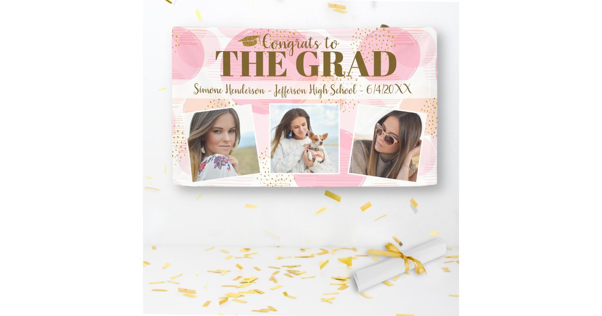 Graduation Congrats Custom Photos Pink Gold Sign | Zazzle