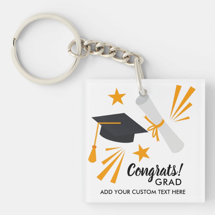 Graduation Congrats Grad Cap Diploma Stars Custom Keychain | Zazzle