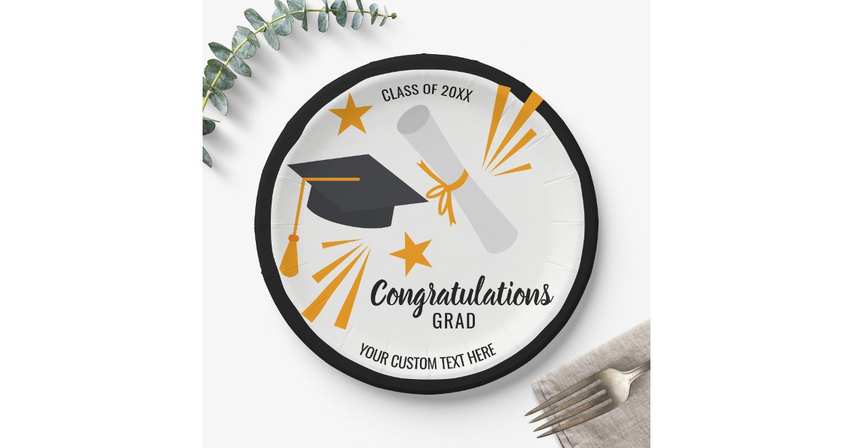 Graduation Congrats Grad Cap Diploma Stars Custom Paper Plates | Zazzle