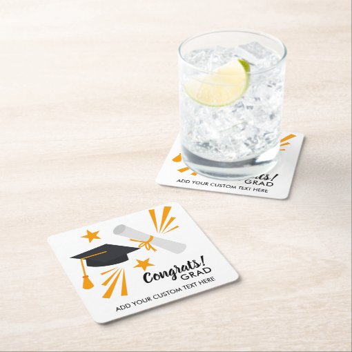 Graduation Congrats Grad Cap Diploma Stars Custom Square Paper Coaster ...