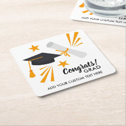 Graduation Congrats Grad Cap Diploma Stars Custom Square Paper Coaster ...