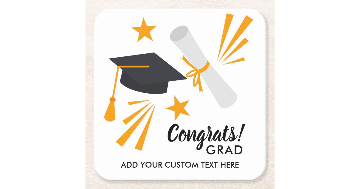 Graduation Congrats Grad Cap Diploma Stars Custom Square Paper Coaster ...