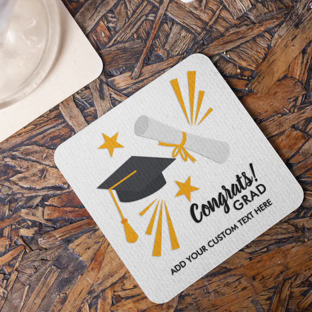 Graduation Congrats Grad Cap Diploma Stars Custom Square Paper Coaster ...