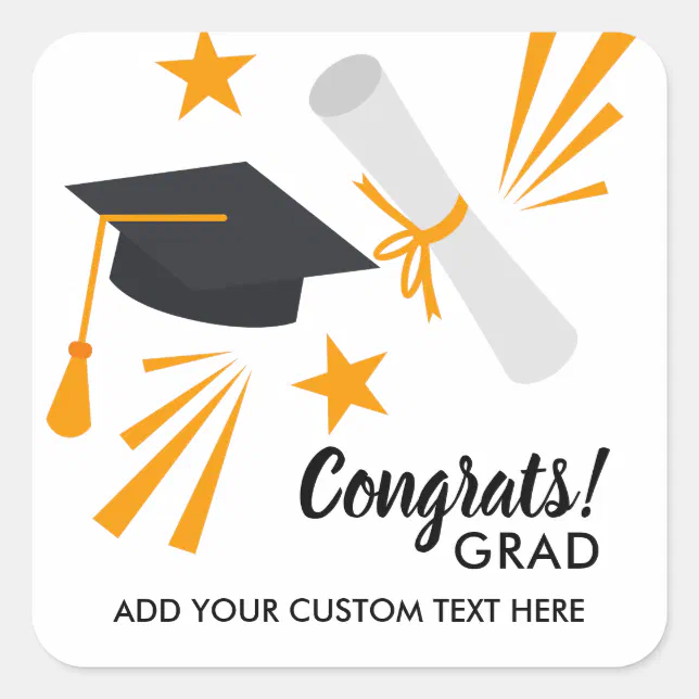 Graduation Congrats Grad Cap Diploma Stars Custom Square Sticker | Zazzle