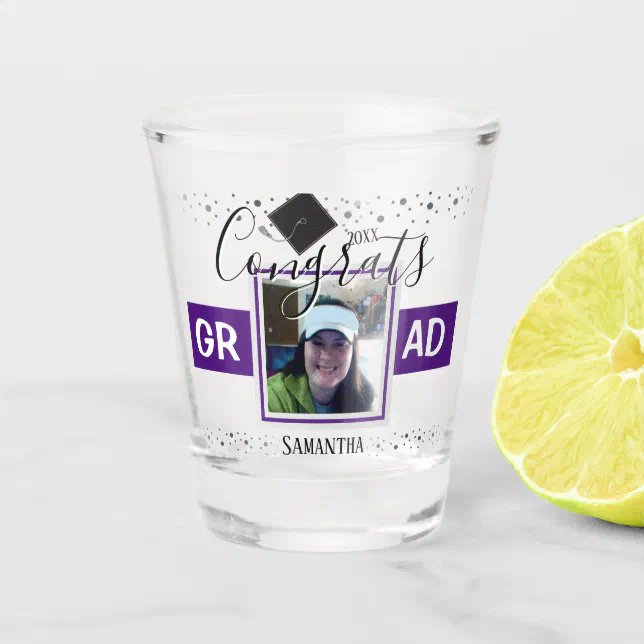 Graduation Congrats GRAD Name and Photo Purple Shot Glass | Zazzle
