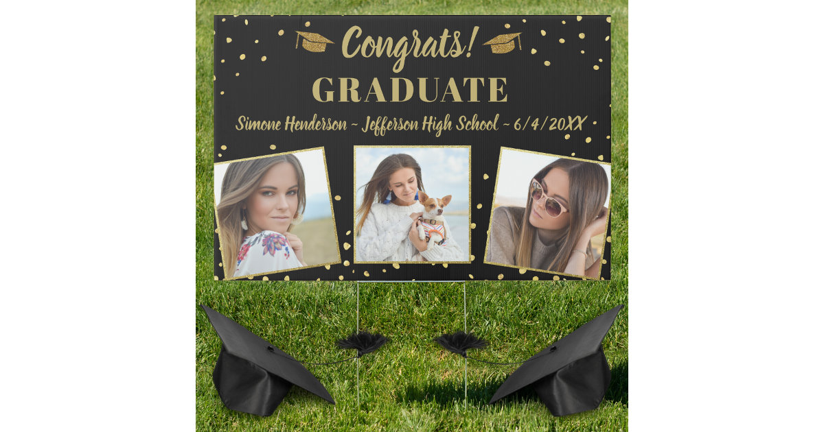 Graduation Congrats Grad Photo Gold Glitter Custom Sign | Zazzle