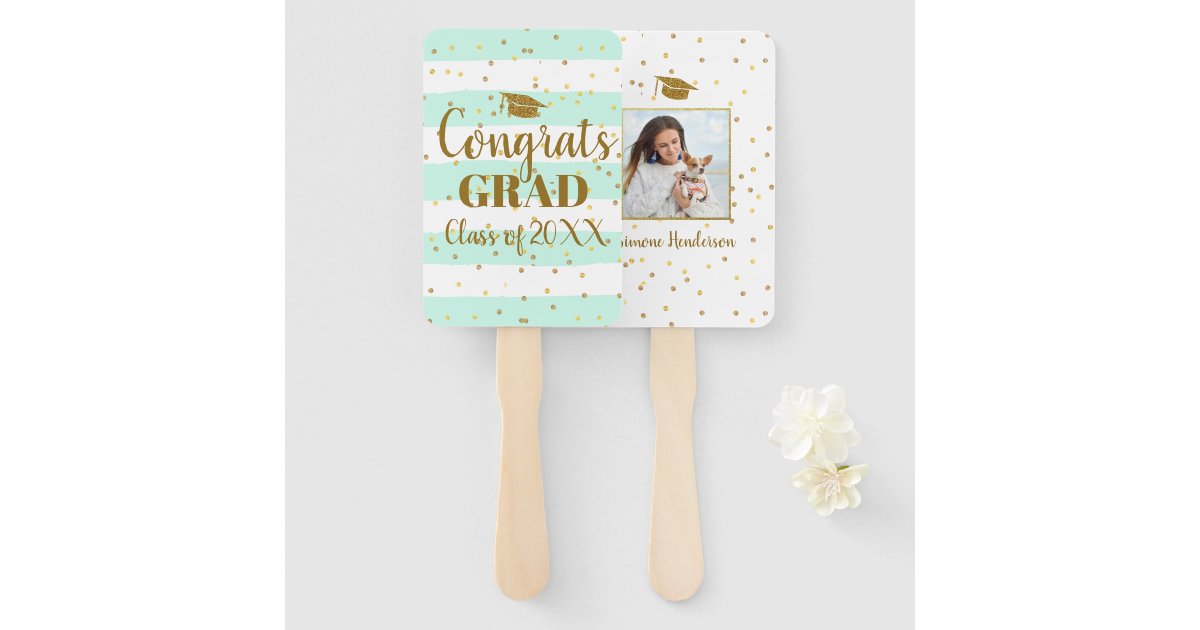Graduation Congrats Grad Photo Gold Glitter Stripe Hand Fan | Zazzle.com