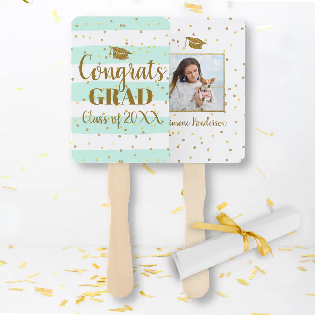 Graduation Congrats Grad Photo Gold Glitter Stripe Hand Fan | Zazzle