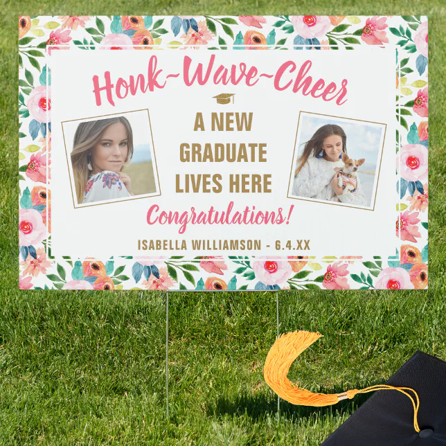 Graduation Congrats Grad Photos Gold Floral Yard Sign | Zazzle