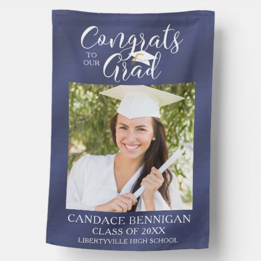 Graduation CONGRATS GRAD Script Navy Blue House Flag | Zazzle