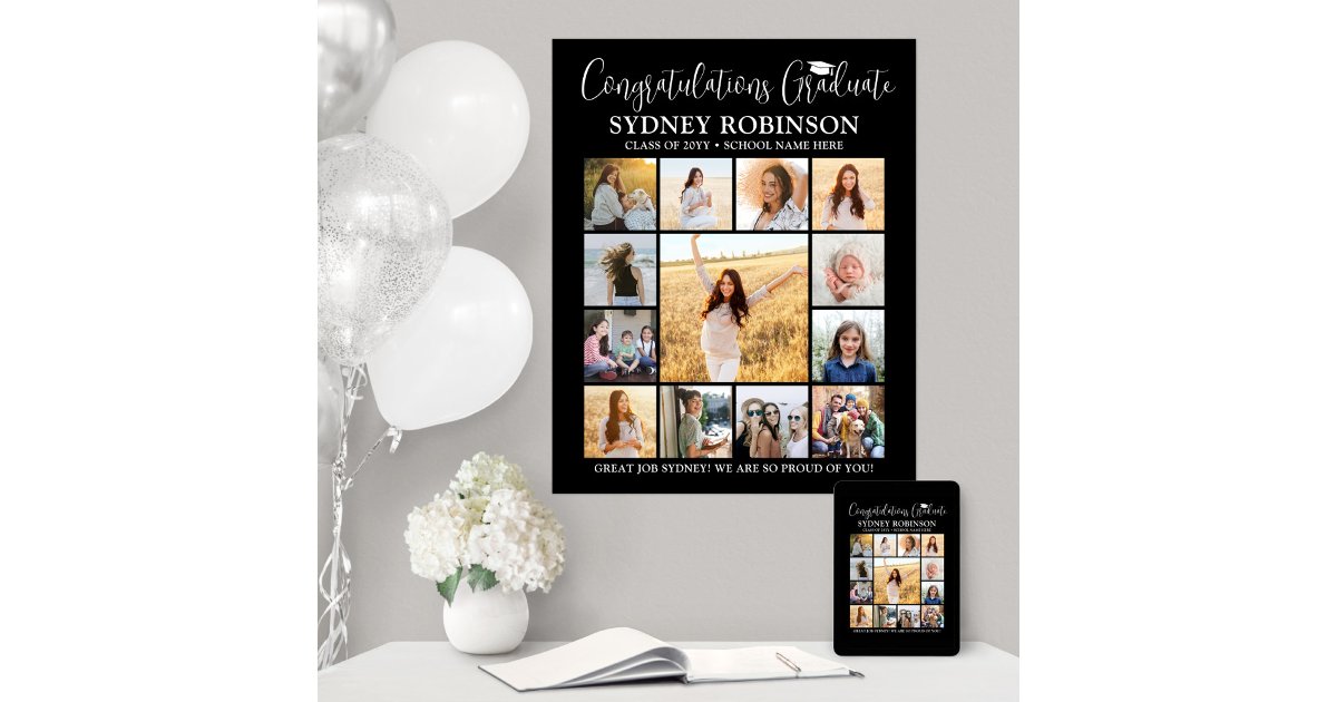 Graduation Congrats Photo Collage Modern Black Poster | Zazzle