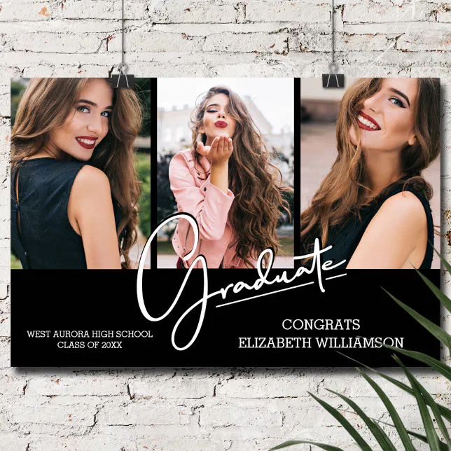 Graduation Congratulations Black Modern 3 Photo Poster | Zazzle