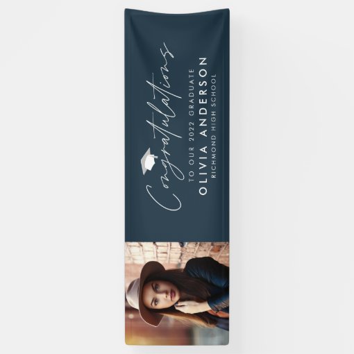 Graduation congratulations navy blue modern photo banner | Zazzle
