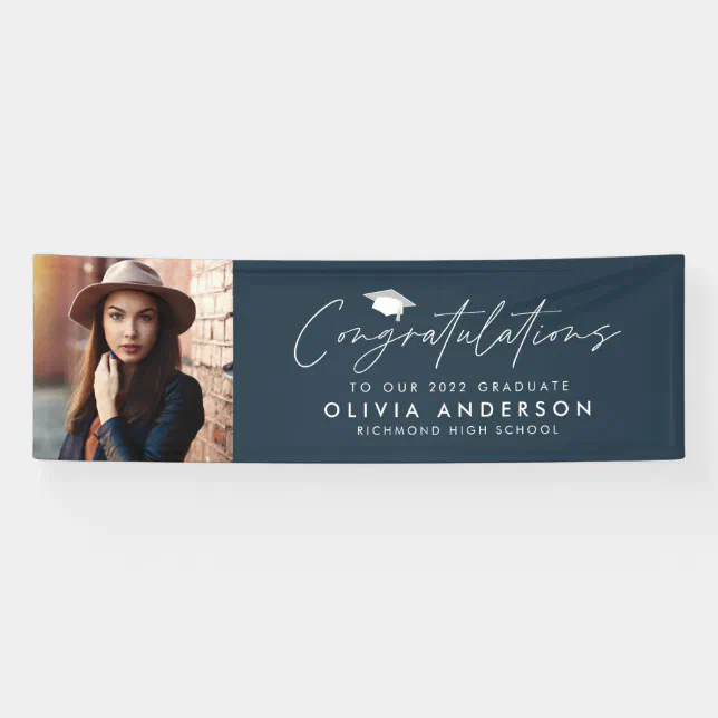 Graduation congratulations navy blue modern photo banner | Zazzle