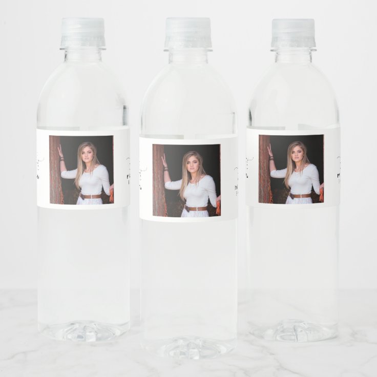 Graduation Congratulations Photo Black Script Water Bottle Label | Zazzle