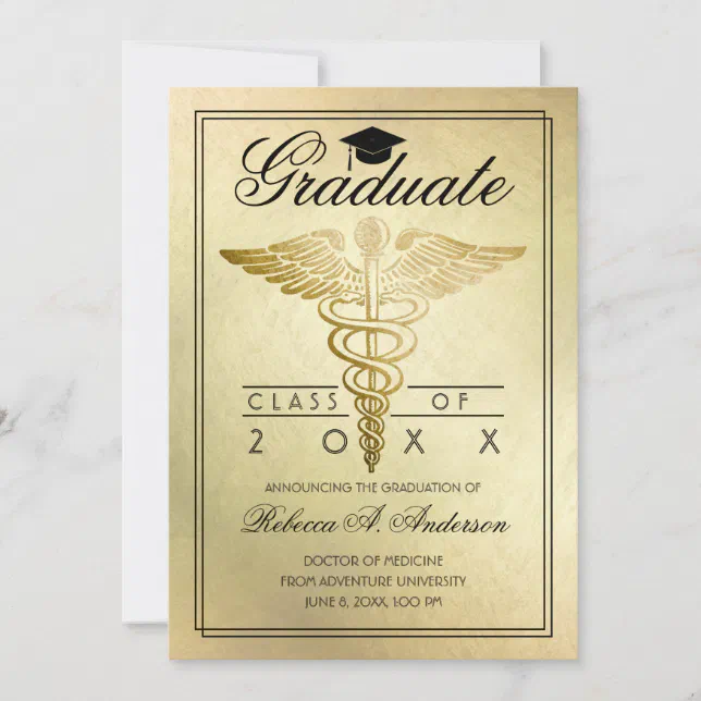 Graduation Doctor Caduceus Gold Grad Cap Announcement | Zazzle