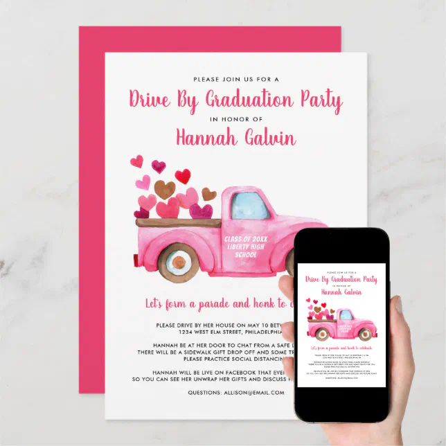 Graduation Drive By Parade Pink Retro Truck Hearts Invitation | Zazzle