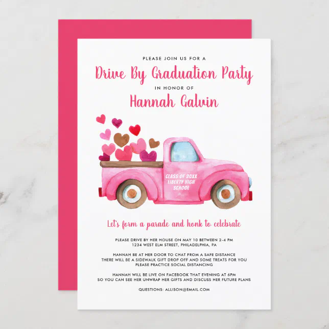 Graduation Drive By Parade Pink Retro Truck Hearts Invitation | Zazzle