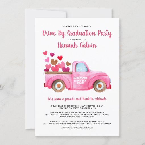 Graduation Drive By Parade Pink Retro Truck Hearts Invitation | Zazzle