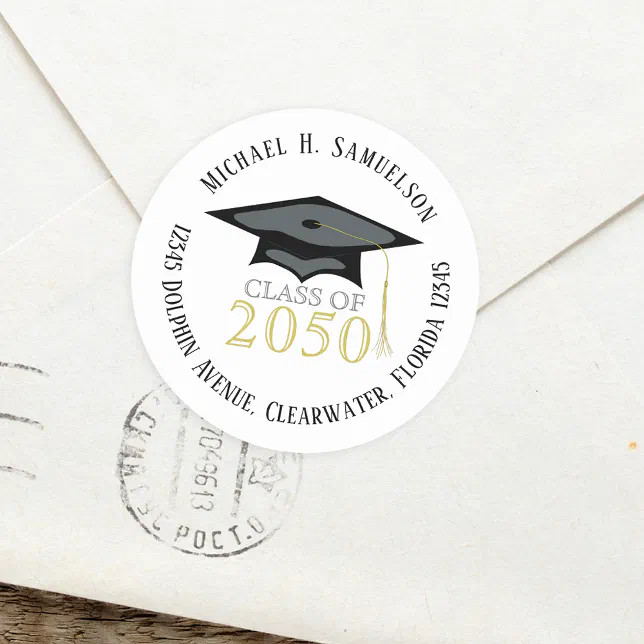 Graduation Elegant Back and Gold Return Address Classic Round Sticker ...