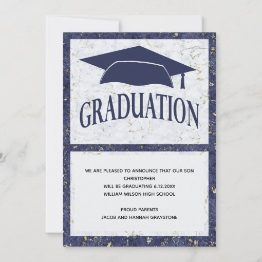 Graduation Elegant Blue White Marble With Photo Announcement | Zazzle