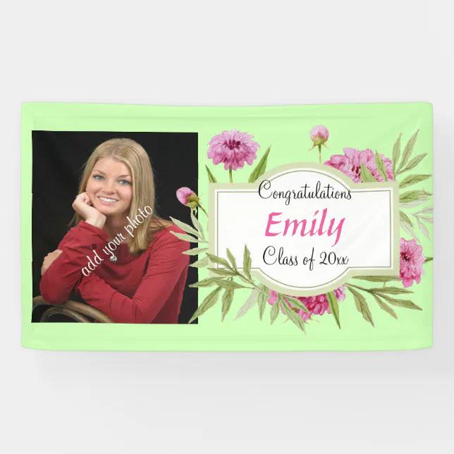 Graduation, Elegant Pink Floral, Photo, Custom Banner | Zazzle