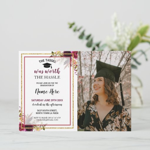 Graduation Floral Berry Rustic Gold Photo Invitation | Zazzle