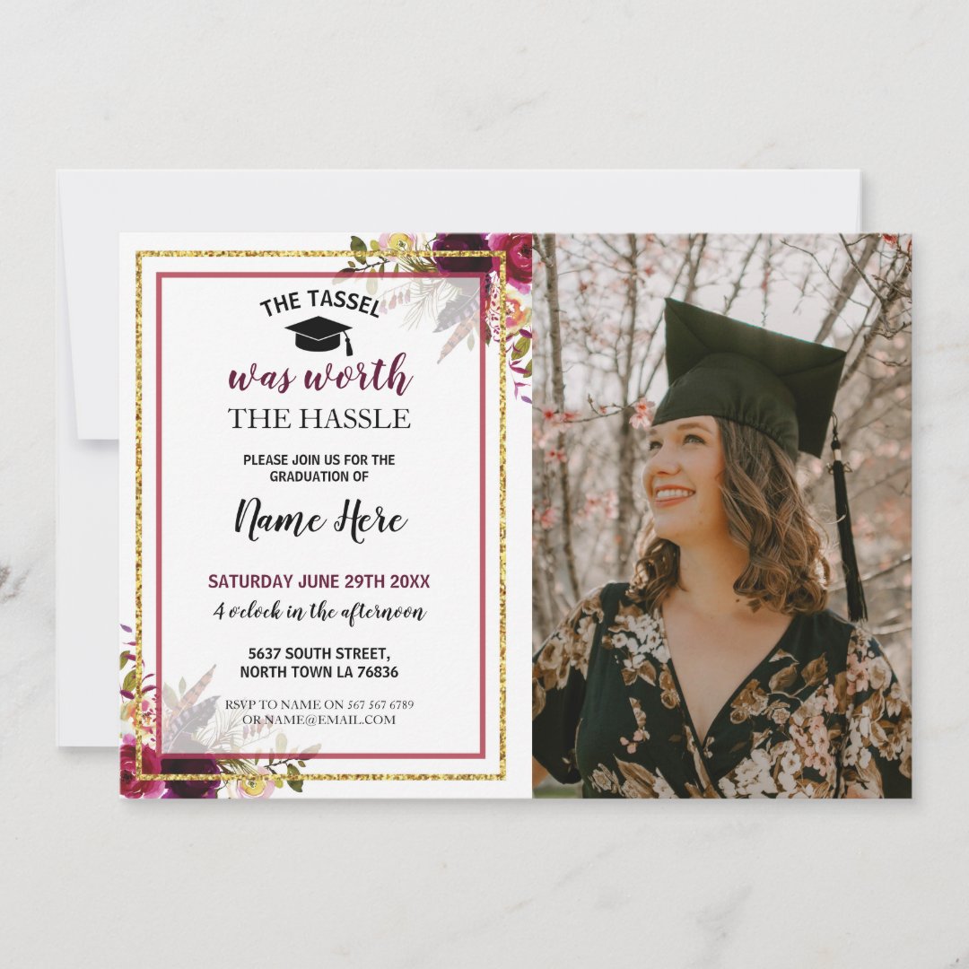 Graduation Floral Berry Rustic Gold Photo Invitation | Zazzle