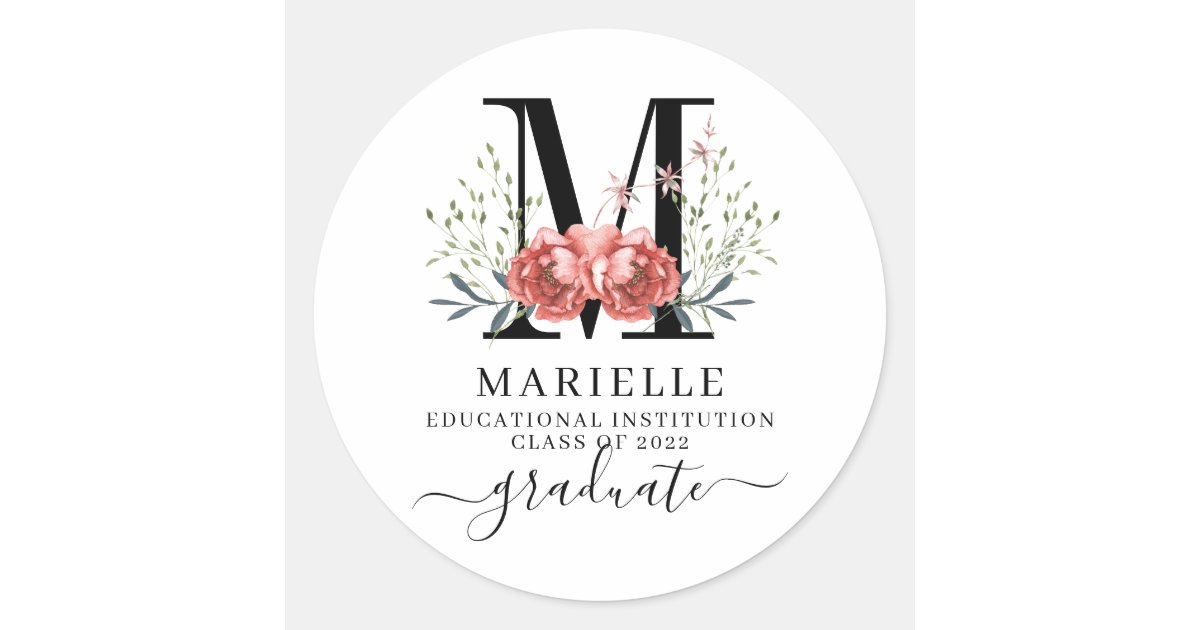 Graduation Floral Monogram Logo Party Classic Round Sticker | Zazzle