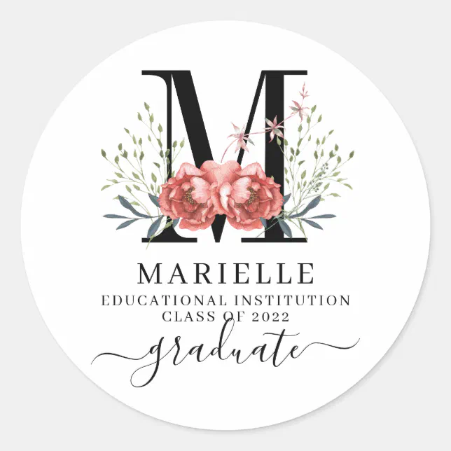 Graduation Floral Monogram Logo Party Classic Round Sticker | Zazzle