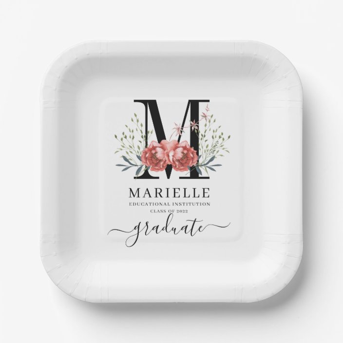 Graduation Floral Monogram Logo Party Paper Paper Plates | Zazzle.com