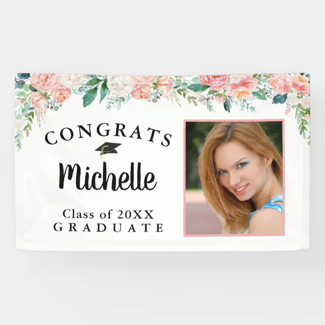 Graduation Floral Pink Rose Gold Script Photo Banner | Zazzle