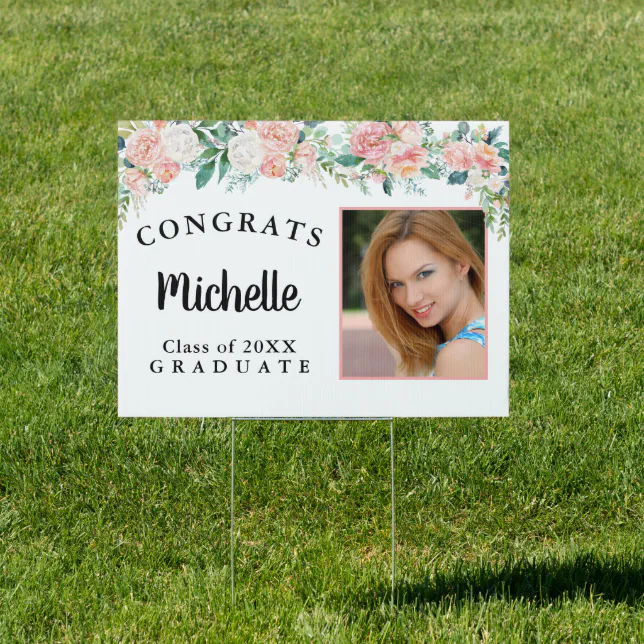 Graduation Floral Pink Rose Gold Script Photo Sign | Zazzle