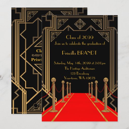 Graduation, Gatsby style, Red Carpet style, Black Invitation | Zazzle