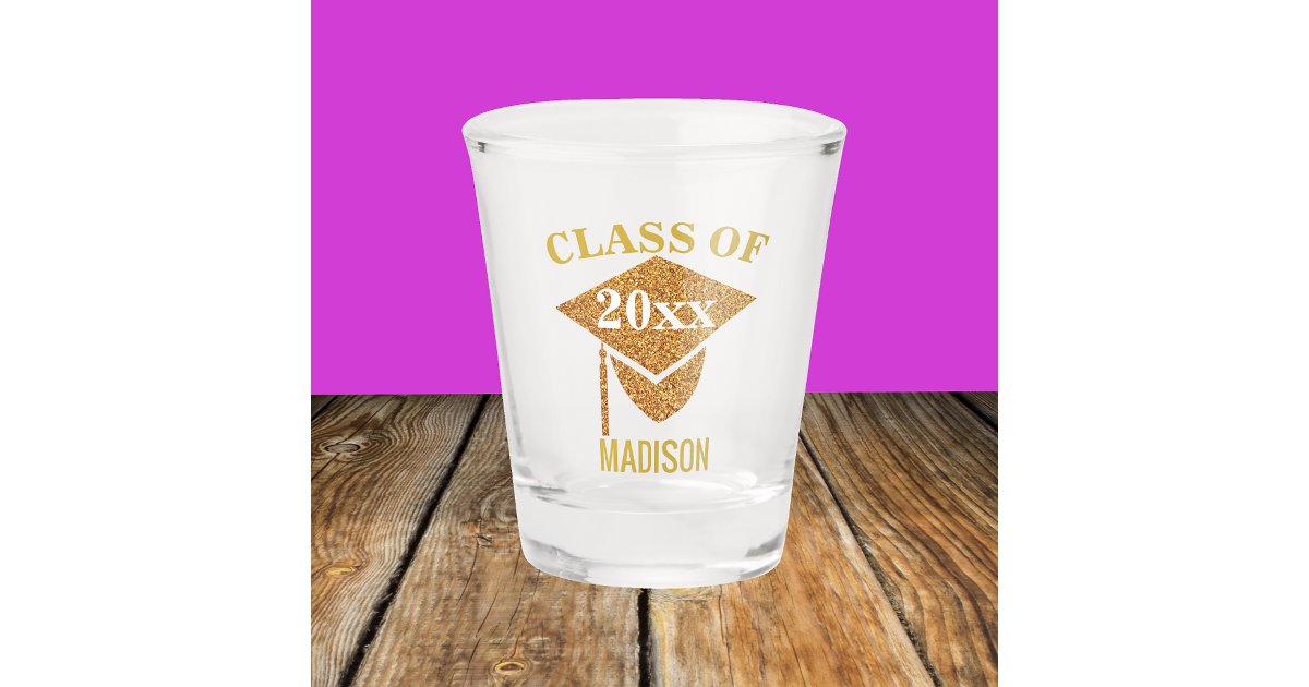 Graduation Glam Gold Mortarboard Reunion Shot Glass | Zazzle