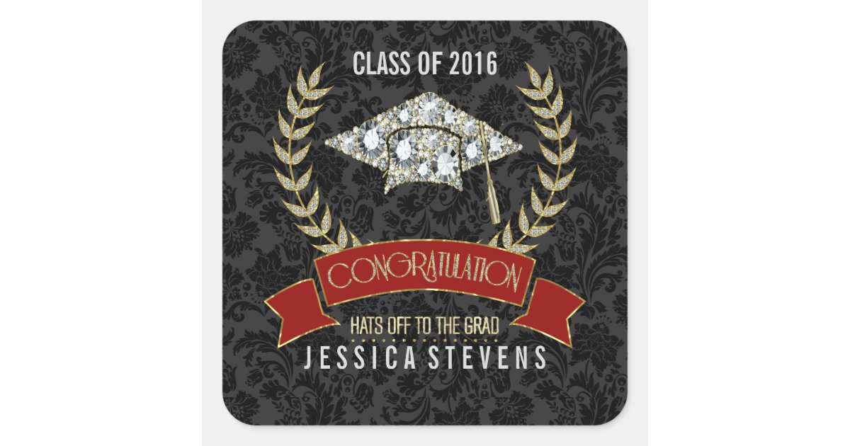 Graduation Glitter Hat Gold Wreath Square Sticker | Zazzle