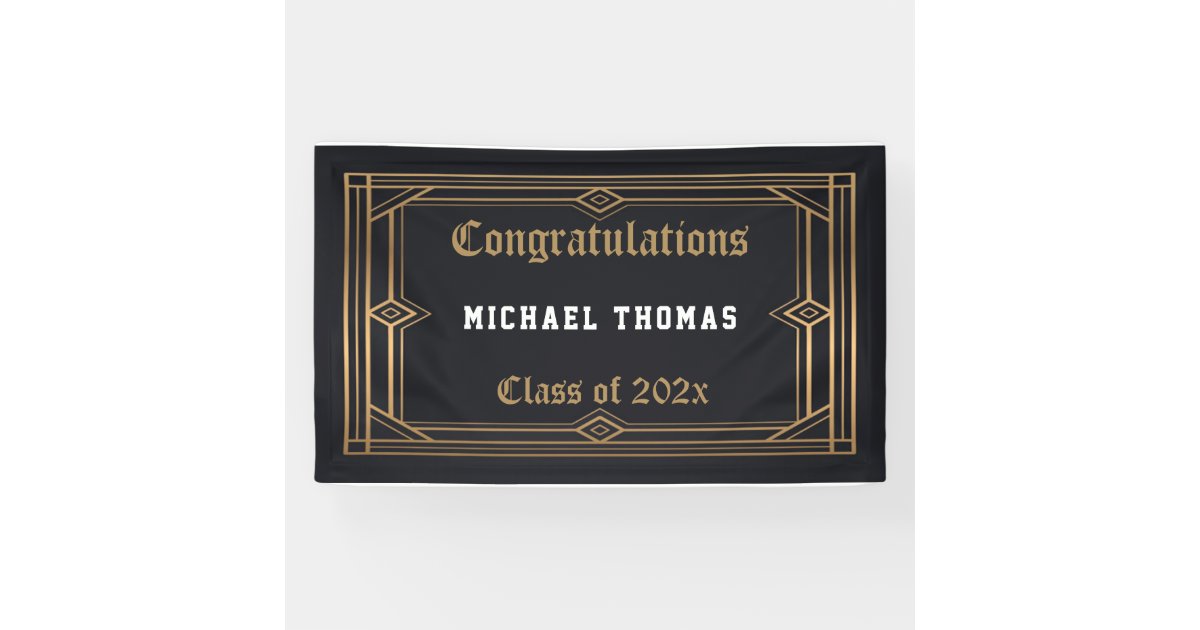 Graduation Gold Art Deco Frame on Black Banner | Zazzle