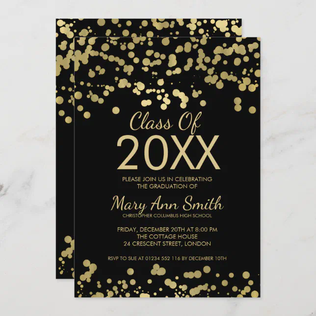 Graduation Gold & Black Foil Confetti Glitter Invitation | Zazzle