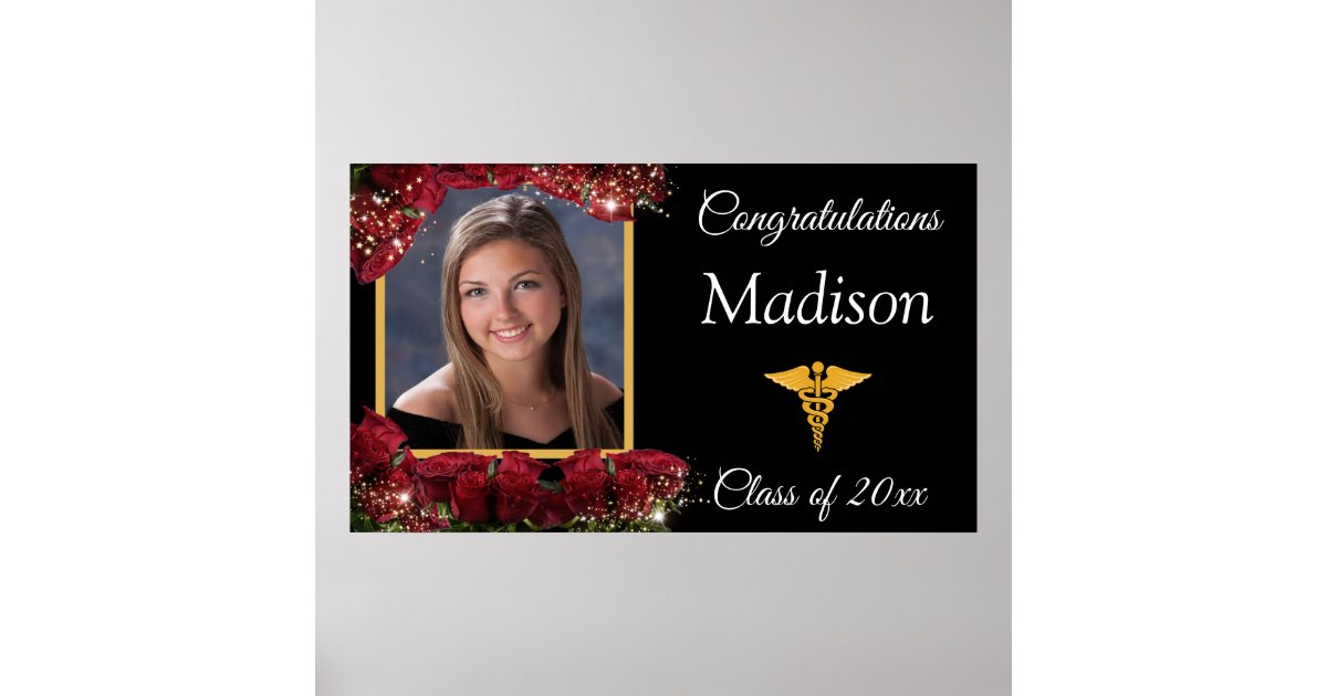Graduation Gold Caduceus Red Roses Sparkle Poster | Zazzle