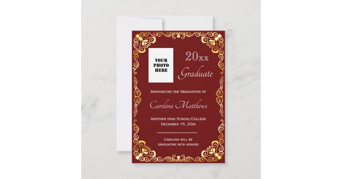 Graduation Gold Frame Maroon Announcement | Zazzle